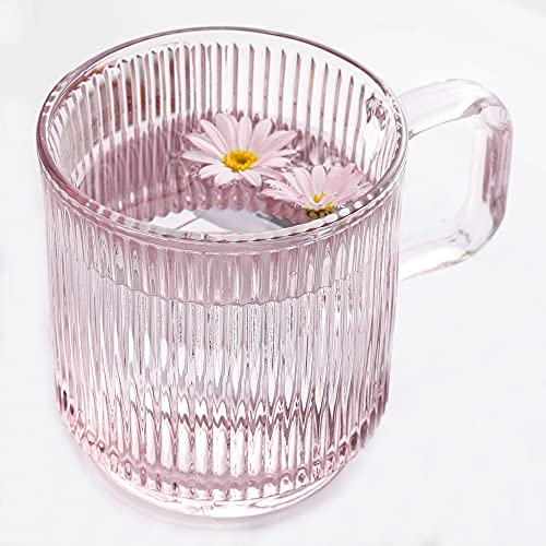 Lysenn Pink Glass Coffee Mug with Lid - Premium Classical Vertical Stripes Glass Tea Cup - for |Latte|Tea|Chocolate|Juice|Water| - Unleaded - Bamboo Lid - 12.5 Ounces