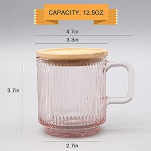 Lysenn Pink Glass Coffee Mug with Lid - Premium Classical Vertical Stripes Glass Tea Cup - for |Latte|Tea|Chocolate|Juice|Water| - Unleaded - Bamboo Lid - 12.5 Ounces