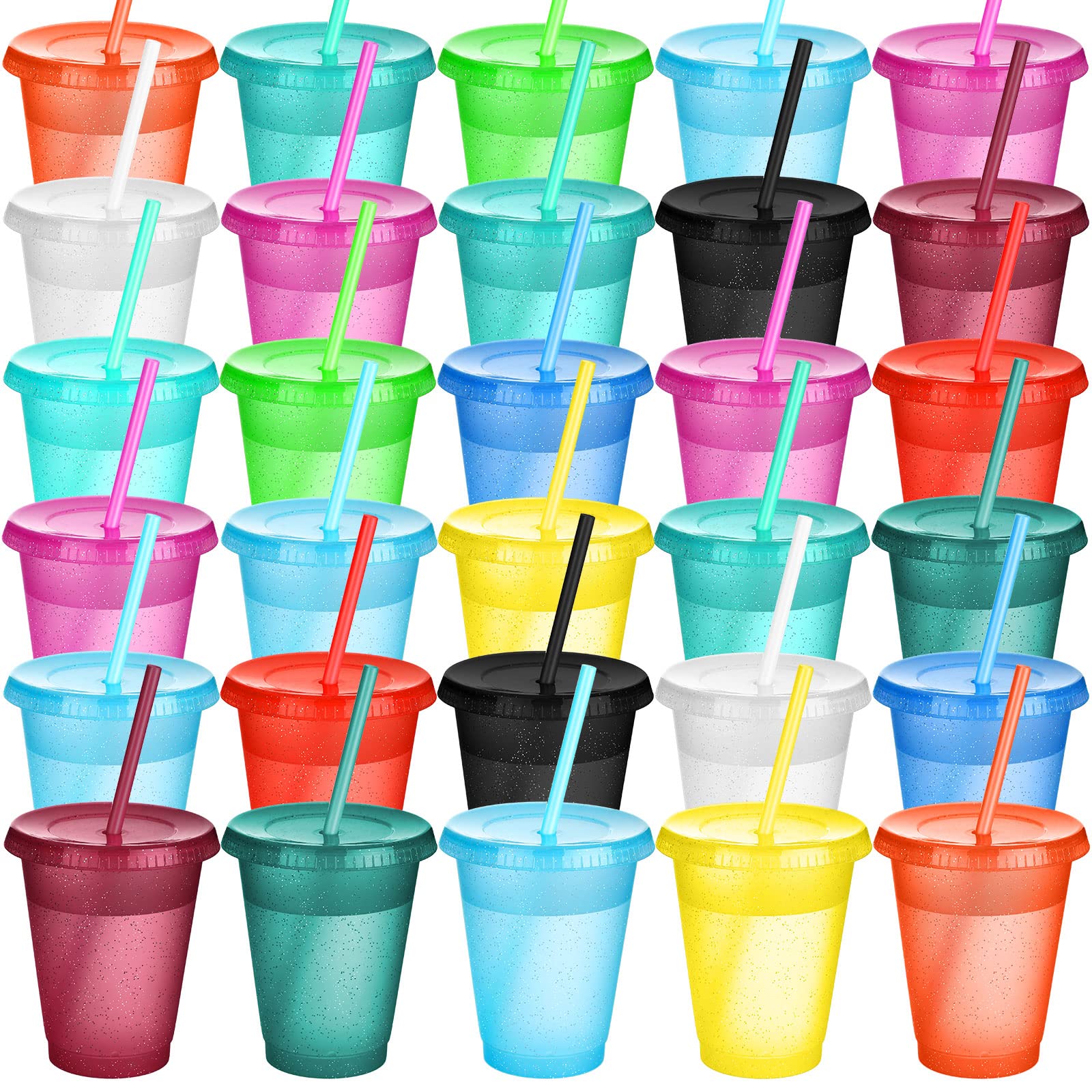 Cups with Straws and Lids Kids Tumbler with Straw Reusable Water Bottle Iced Coffee Travel Mug Cup Adults Plastic Cups for Parties Birthdays 16 oz (Modern Colors, 30 Pack)