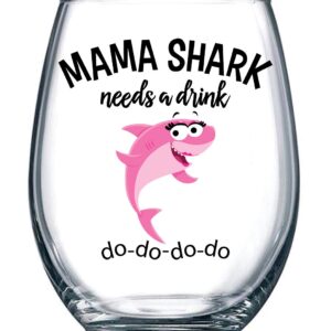 Vine Country Mama Shark Needs a Drink Funny Wine Glass - Mom Gift For Birthdays, Mother's Day, Christmas, Holidays or Just Because - Stemless