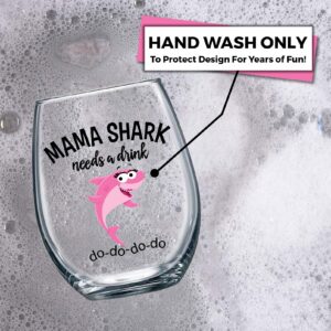 Vine Country Mama Shark Needs a Drink Funny Wine Glass - Mom Gift For Birthdays, Mother's Day, Christmas, Holidays or Just Because - Stemless