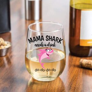 Vine Country Mama Shark Needs a Drink Funny Wine Glass - Mom Gift For Birthdays, Mother's Day, Christmas, Holidays or Just Because - Stemless