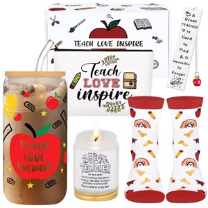 vakuny teacher gifts for women - best teacher appreciation gift baskets from students - back to school teacher's day bulk gifts boxes for teachers - thank you teachers 16 oz glass cup socks