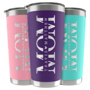 personalized mom tumbler with kids names, engraved, 20 or 30 oz, 4 fonts, 13 colors, custom gifts for mom from kids, mom's coffee tumbler