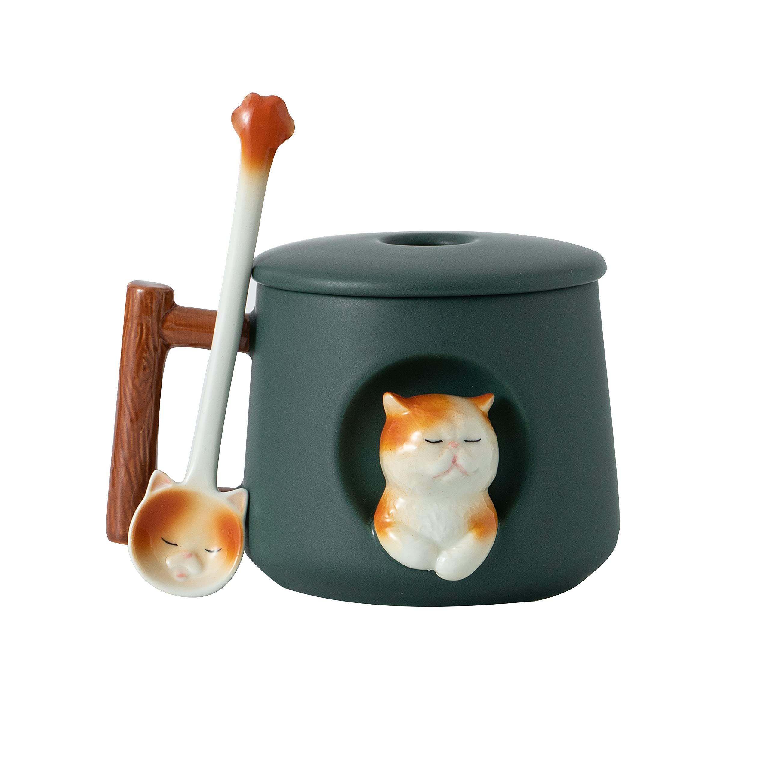 DIHOclub Adorable 3D Ceramic Cat Mug with Lid and Spoon - Perfect for Coffee, Tea, Milk, and More - Ideal Gift for Animal Lovers - 14 Ounces (Green)