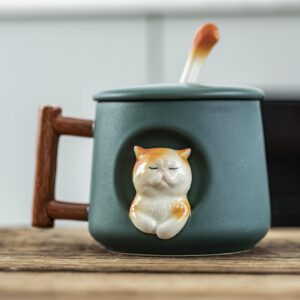 DIHOclub Adorable 3D Ceramic Cat Mug with Lid and Spoon - Perfect for Coffee, Tea, Milk, and More - Ideal Gift for Animal Lovers - 14 Ounces (Green)