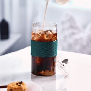 ColoVie 20oz Mixed Drinking Glasses with 6 Colors, Thicken Reusable Glass Tumblers with Lids and Straws, Removable Silicone Sleeve for Hot or Iced Drinking, Unique Colorful Glass Cups