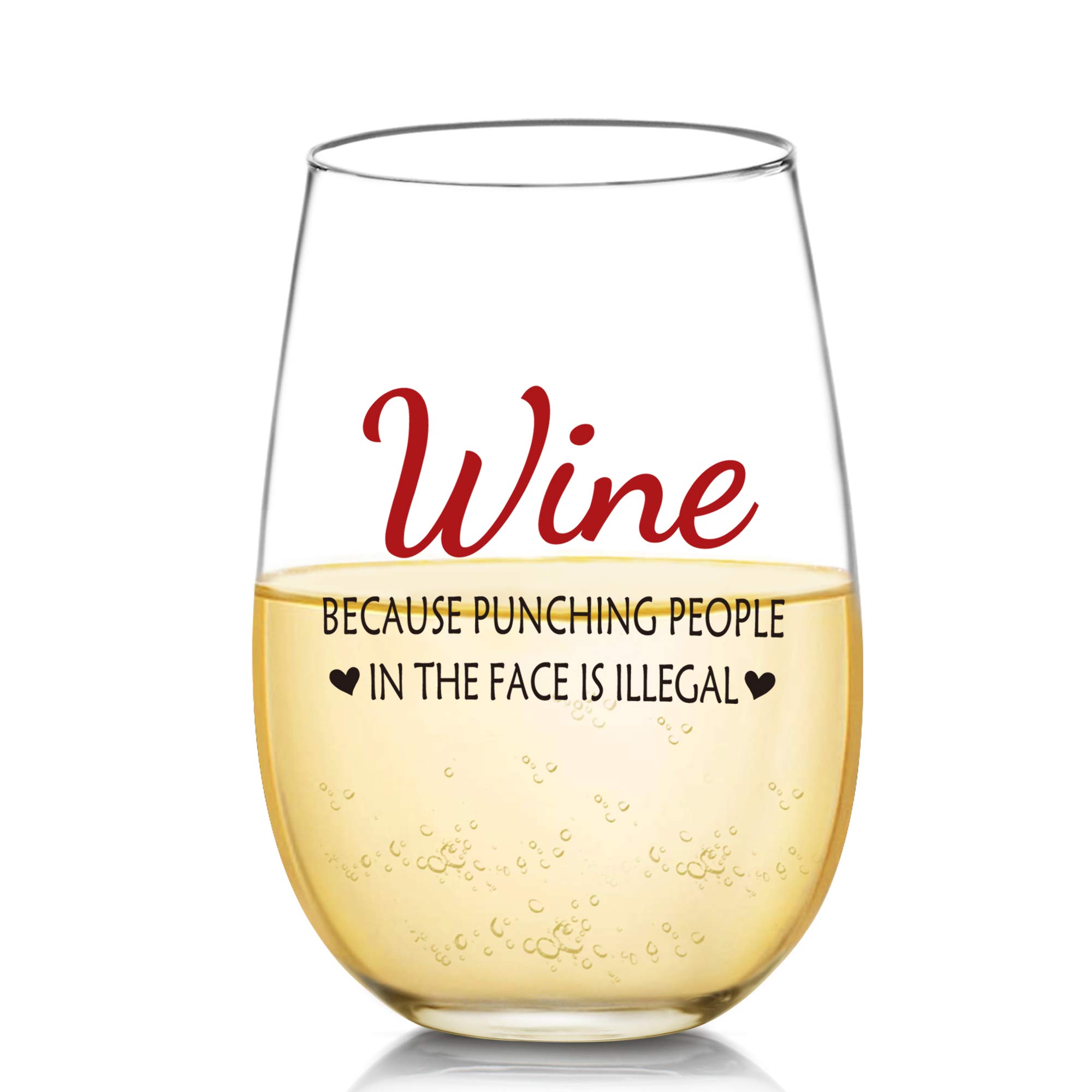 Wine Because Punching People In The Face is Illegal Funny Wine Glasses Gifts for Women - Novelty Birthday Gifts for Her, Wife, Coworker, Boss, Sister, Aunt, Best Friend, Mothers Day Mom Gifts, 17 oz