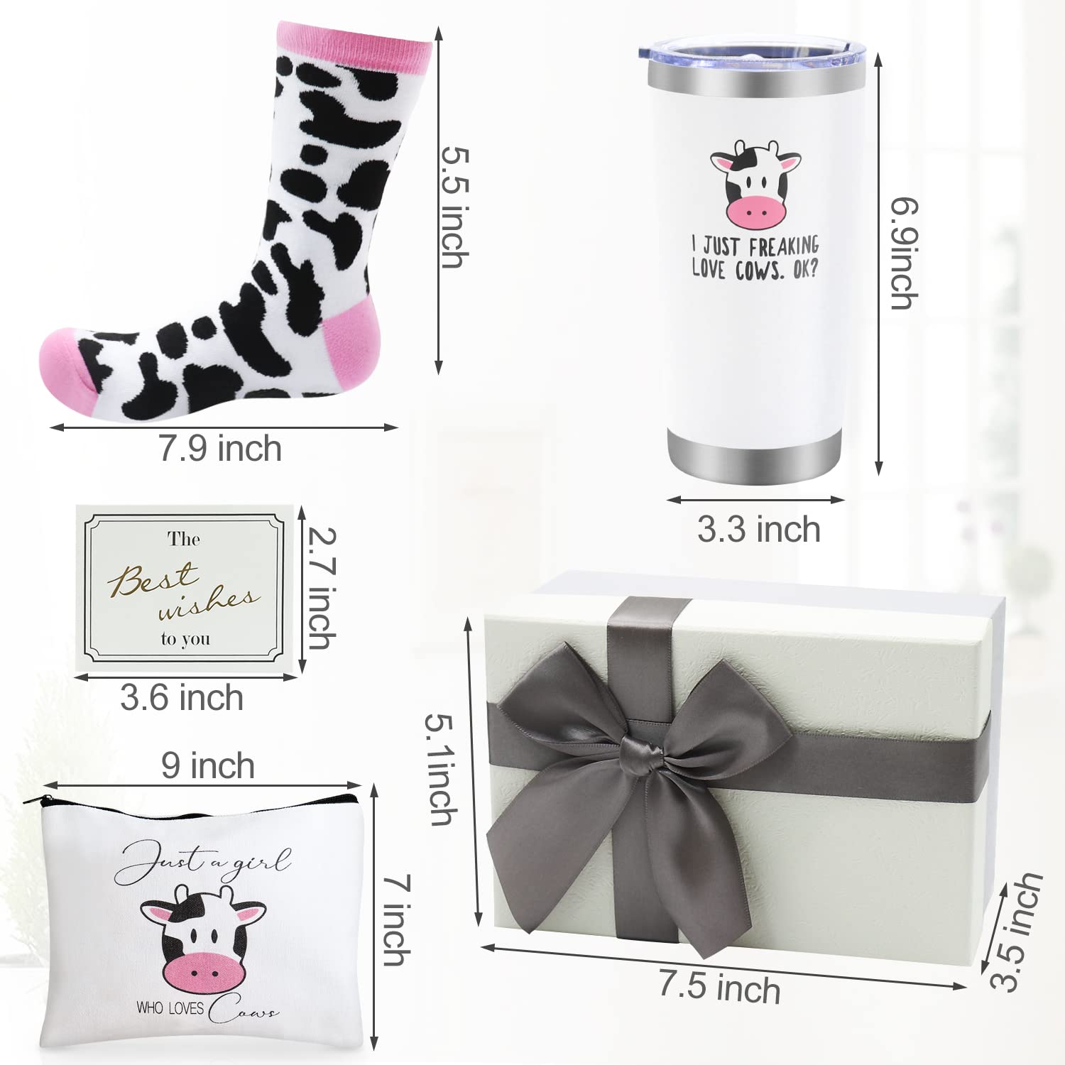 UAREHIBY Cow Themed Gifts,Best Idea Gift- Cute Cow Print 20 OZ Wine Tumbler and Socks for Women,Cosmetic Bag Cow Tumbler Gift Basket Box Set for Cow Lover,Cute Cow Print Stuff for Farm Animal