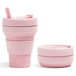 stojo collapsible travel cup with straw - carnation pink, 16oz / 470ml - reusable to-go pocket size silicone bottle for hot and cold drinks - perfect for camping & hiking - microwave & dishwasher safe