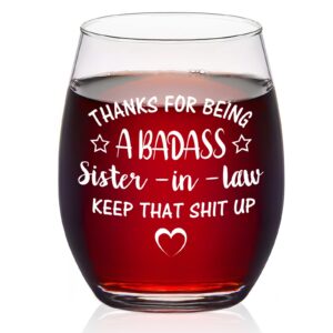 futtumy sister gifts for sister-in-law, thanks for being a sister-in-law stemless wine glass, funny mother’s day gift birthday gift christmas gift thank you gift from soul sister sister-in-law, 15oz