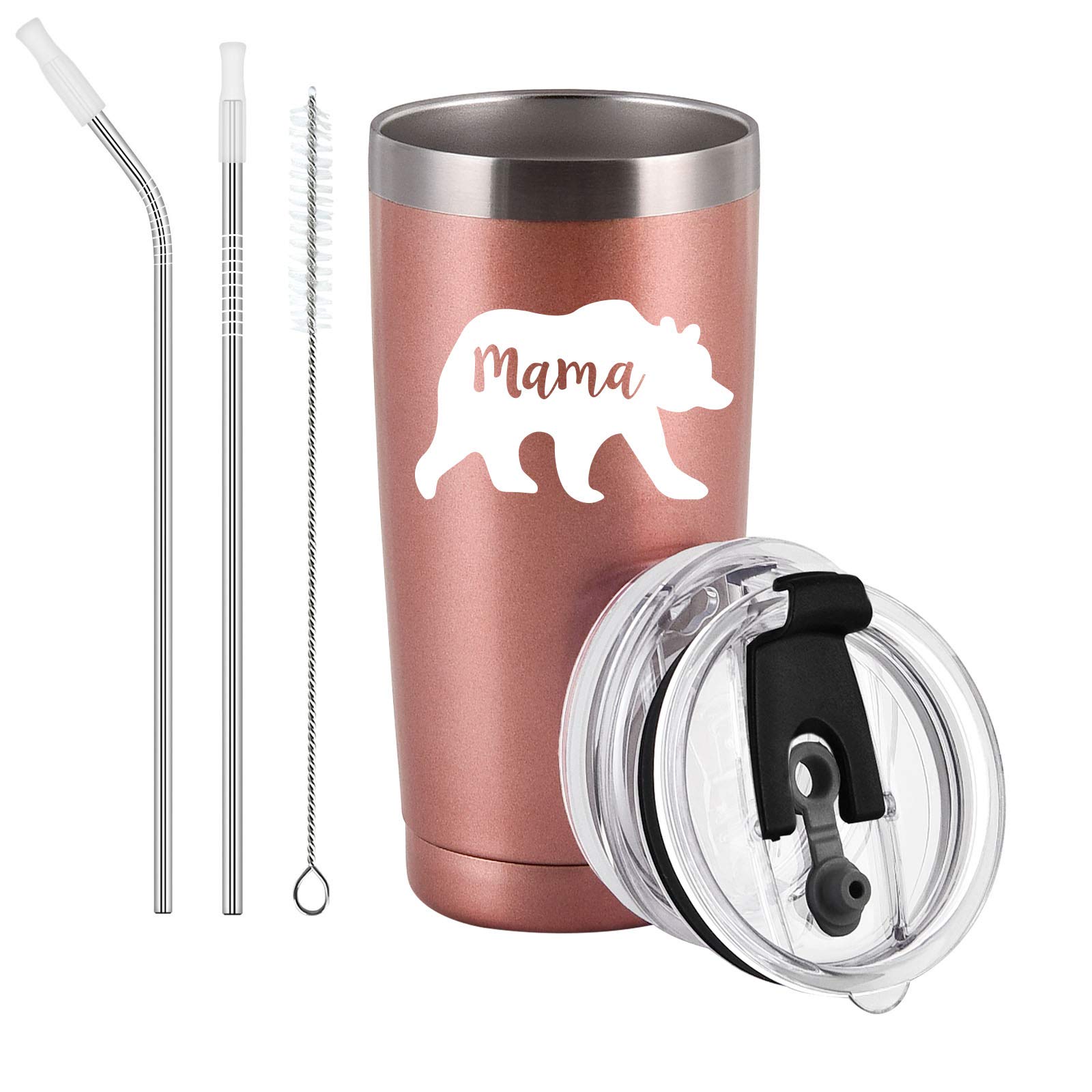 GINGPROUS Mama Bear Travel Tumbler, Mother's Day Gifts for Best Mom Mother Birthday Christmas Thangksgiving Gifts, Stainless Steel Insulated Travel Tumbler with 2 Lids and Straws, (20 Oz, Rose Gold)