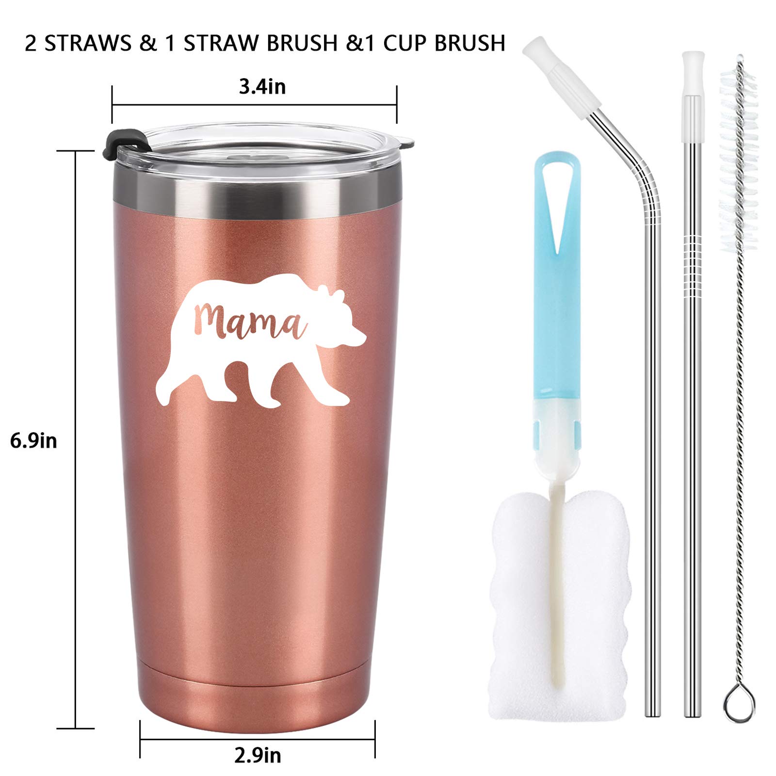 GINGPROUS Mama Bear Travel Tumbler, Mother's Day Gifts for Best Mom Mother Birthday Christmas Thangksgiving Gifts, Stainless Steel Insulated Travel Tumbler with 2 Lids and Straws, (20 Oz, Rose Gold)