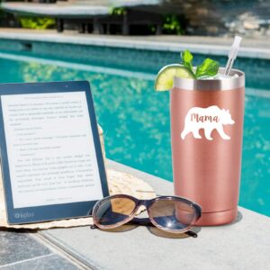 GINGPROUS Mama Bear Travel Tumbler, Mother's Day Gifts for Best Mom Mother Birthday Christmas Thangksgiving Gifts, Stainless Steel Insulated Travel Tumbler with 2 Lids and Straws, (20 Oz, Rose Gold)