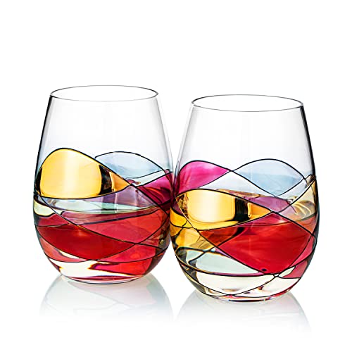 The Wine Savant Artisanal Hand Painted Stemless - Gift for, Friends, Girlfriends, Renaissance Stain-glassed Windows Wine Glasses Set of 2 - Gift Idea for Birthday, Housewarming - Extra Large Goblets