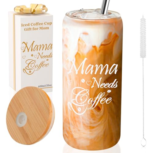 WAVEWISE Gifts for Mom from Daughter, Son, Kids - 20 Oz Drinking Can Glass Iced Coffee Cup with Lid and Straw - Mama Needs Coffee - Birthday Presents for Mom, Mother, Wife, New Mom, Mother In Law