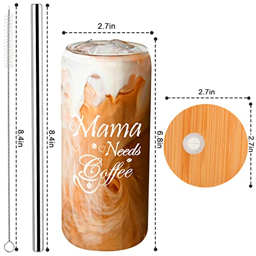 WAVEWISE Gifts for Mom from Daughter, Son, Kids - 20 Oz Drinking Can Glass Iced Coffee Cup with Lid and Straw - Mama Needs Coffee - Birthday Presents for Mom, Mother, Wife, New Mom, Mother In Law