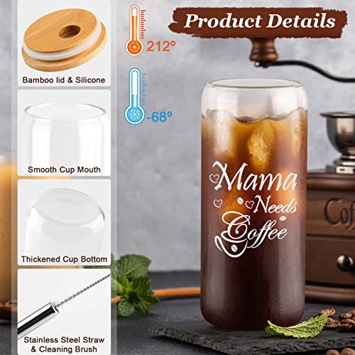 WAVEWISE Gifts for Mom from Daughter, Son, Kids - 20 Oz Drinking Can Glass Iced Coffee Cup with Lid and Straw - Mama Needs Coffee - Birthday Presents for Mom, Mother, Wife, New Mom, Mother In Law