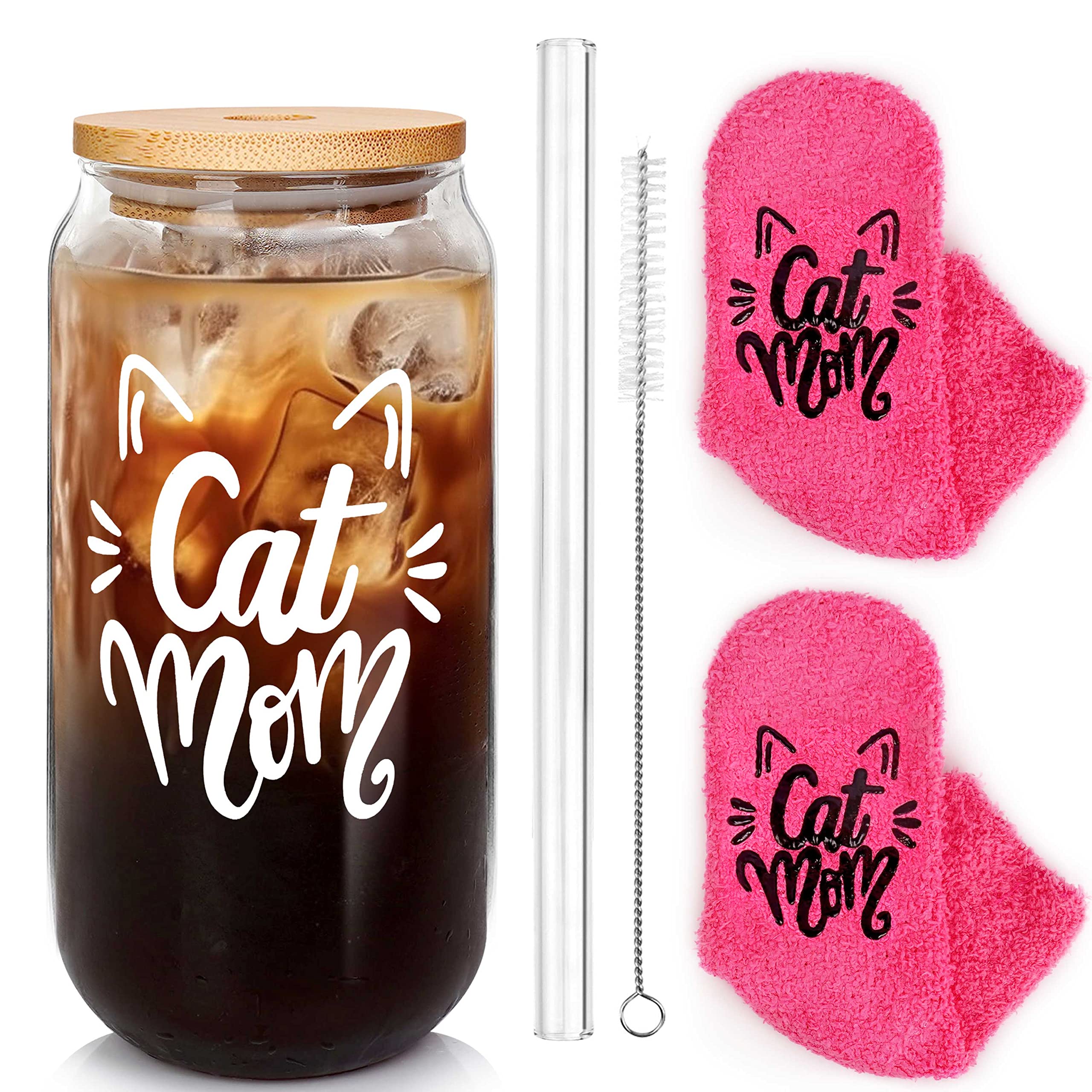 Gift for Cat Lover Women, Glass and Sock for Cat Mom, Cat Mom Socks, Cat Mom Gifts for Women, Cat Lover Gift, Can Shaped Glass Cups, 20oz Drinking Glasses with Bamboo Lid and Glass Straw