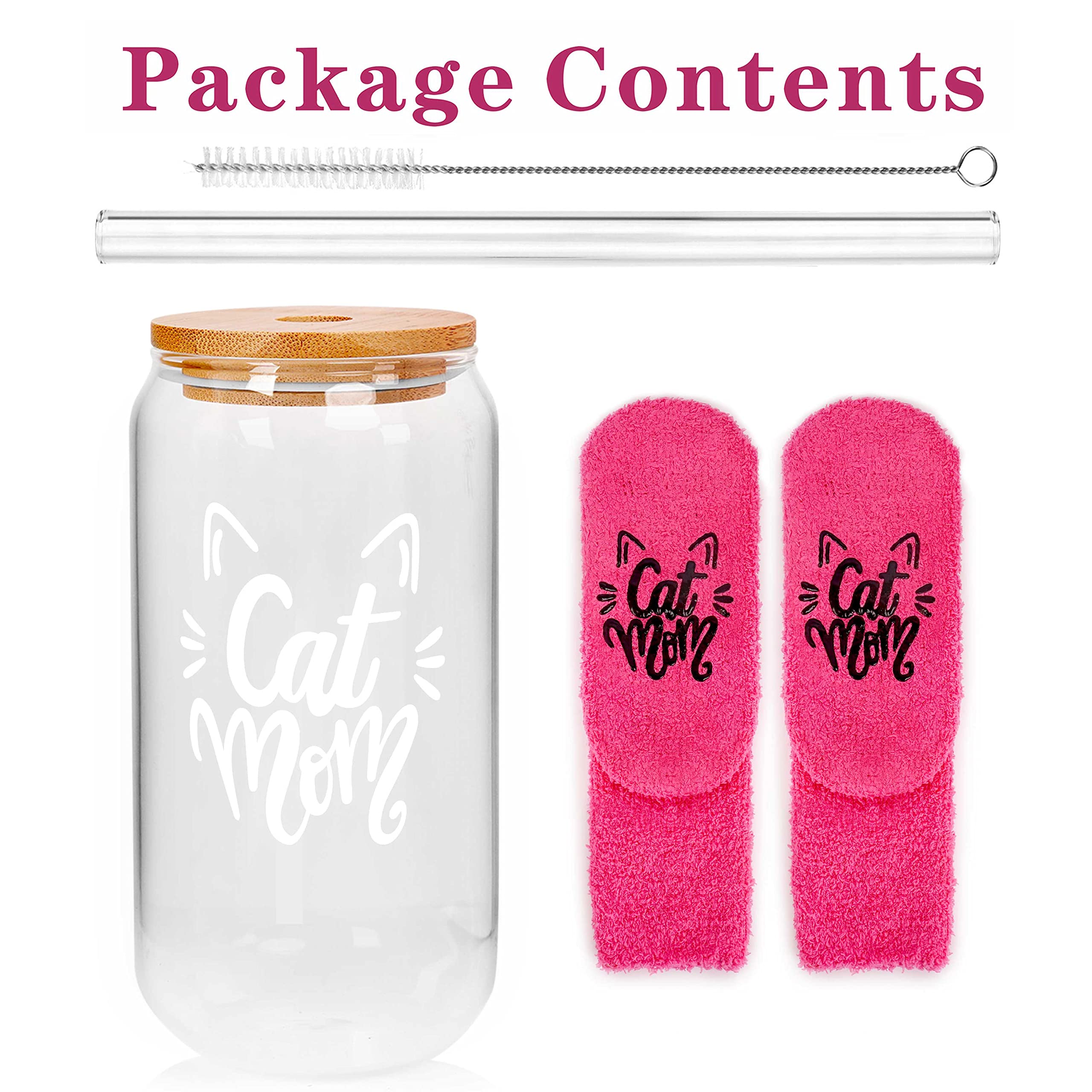 Gift for Cat Lover Women, Glass and Sock for Cat Mom, Cat Mom Socks, Cat Mom Gifts for Women, Cat Lover Gift, Can Shaped Glass Cups, 20oz Drinking Glasses with Bamboo Lid and Glass Straw