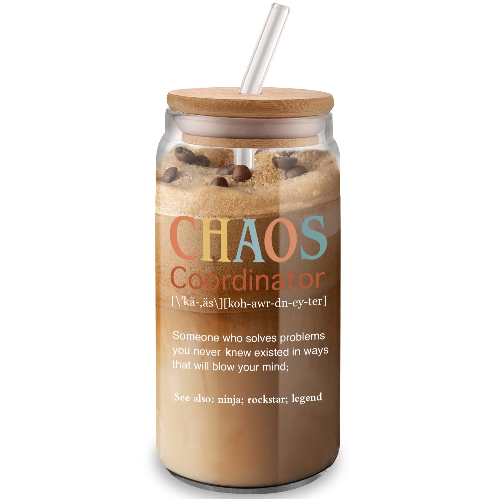 Chaos Coordinator Gifts For Women - 16oz Chaos Coordinator Glass Cup With Lid And Straw - Drinking Glasses Tumbler Gifts For Her - Thank You Gift For Coworker, Teacher, Boss Lady