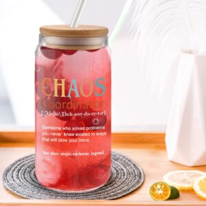 Chaos Coordinator Gifts For Women - 16oz Chaos Coordinator Glass Cup With Lid And Straw - Drinking Glasses Tumbler Gifts For Her - Thank You Gift For Coworker, Teacher, Boss Lady