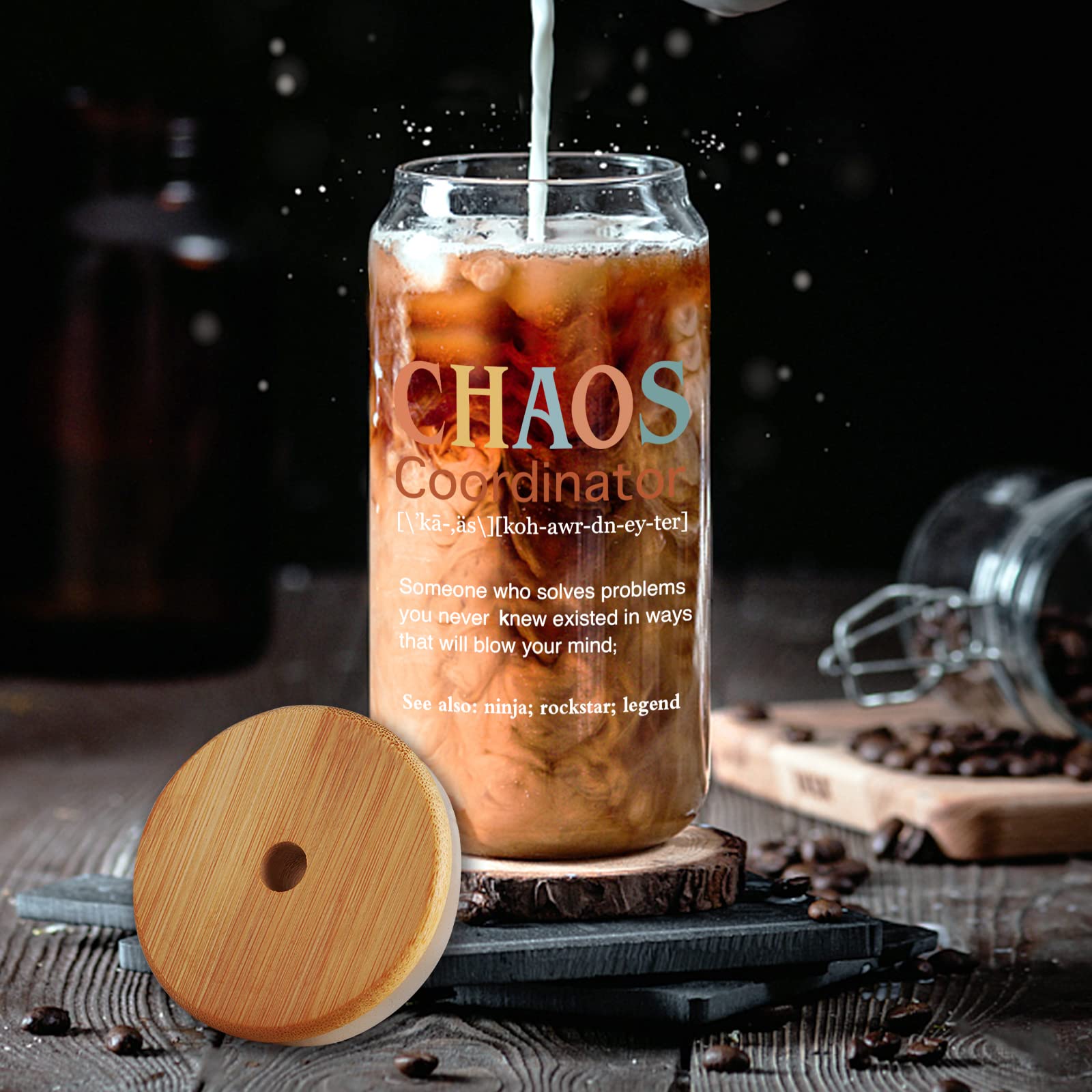 Chaos Coordinator Gifts For Women - 16oz Chaos Coordinator Glass Cup With Lid And Straw - Drinking Glasses Tumbler Gifts For Her - Thank You Gift For Coworker, Teacher, Boss Lady