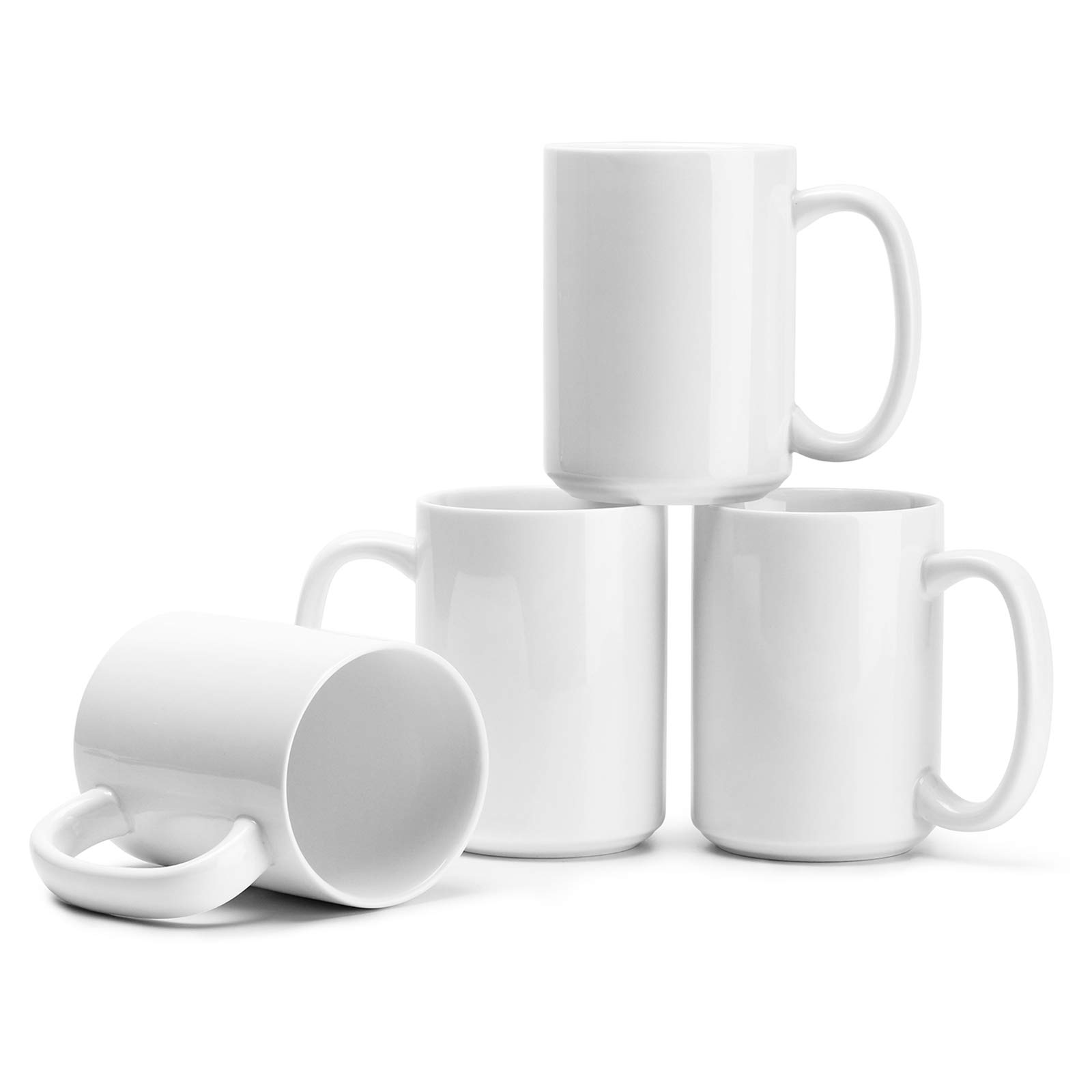 Porcelain White Coffee Mugs Set of 4-15 Ounce Cups with Large Handle for Hot or Cold Drinks like Cocoa, Milk, Tea or Water - Smooth Ceramic with Classic Design