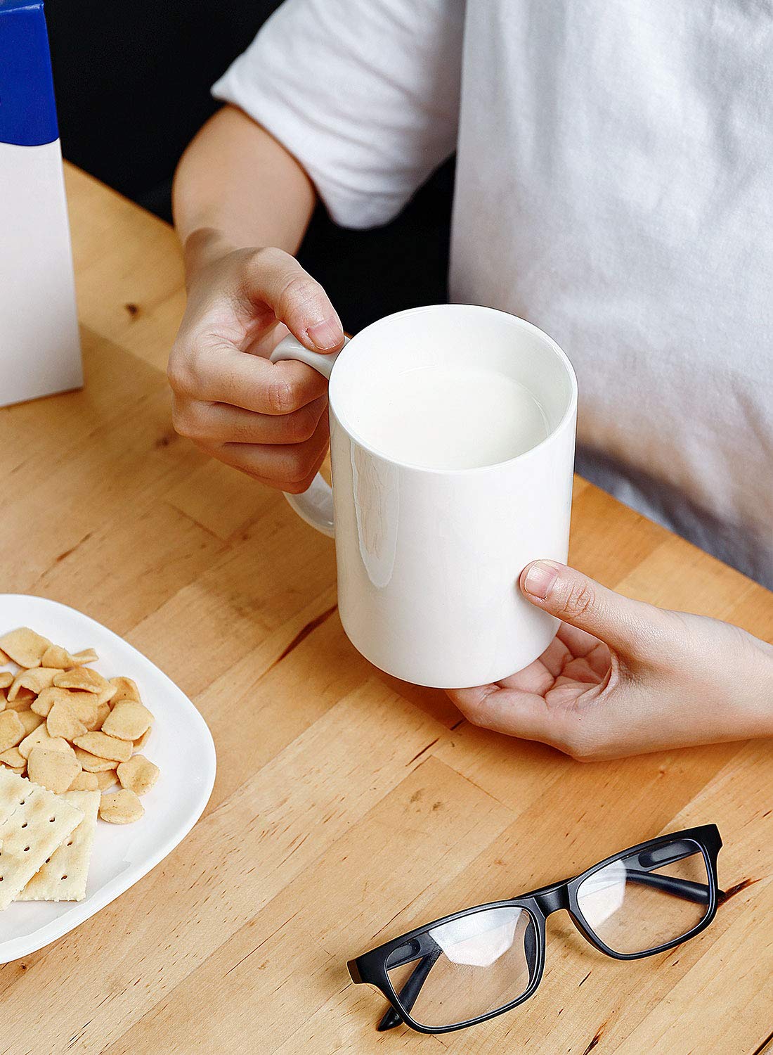 Porcelain White Coffee Mugs Set of 4-15 Ounce Cups with Large Handle for Hot or Cold Drinks like Cocoa, Milk, Tea or Water - Smooth Ceramic with Classic Design