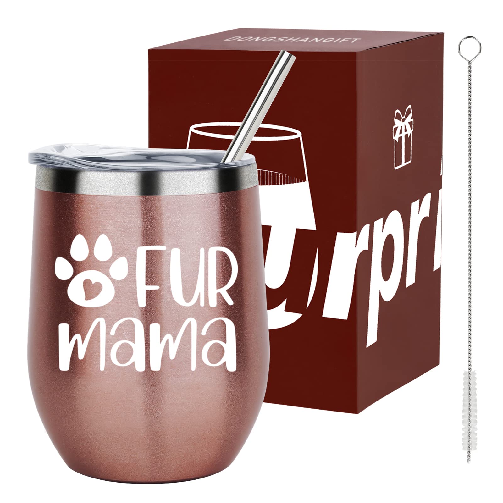 Fur Mama Wine Tumbler Mama Wine Tumbler Cat Dog Animals Lovers Gift for Women Sisters Girlfriend Wife on Mother's Day Birthday Christmas 12 Ounce with Lid Straw and Gift Box Rose Gold