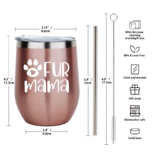 Fur Mama Wine Tumbler Mama Wine Tumbler Cat Dog Animals Lovers Gift for Women Sisters Girlfriend Wife on Mother's Day Birthday Christmas 12 Ounce with Lid Straw and Gift Box Rose Gold