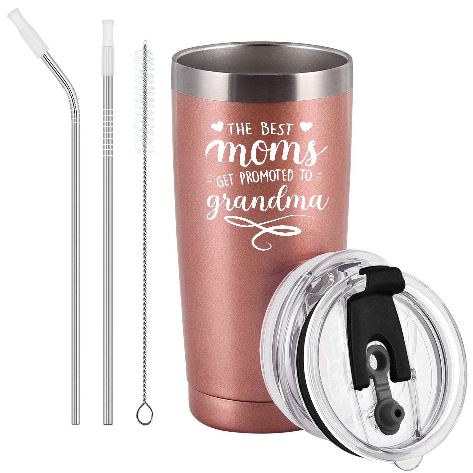 Cpskup Moms Get Promoted to Grandma Travel Tumbler, Funny Gifts for Mom Grandma New Grandma Grandma to be, Christmas Mother’s Day Gifts Stainless Steel Insulated Tumbler with 2 Lids(20oz, Rose Gold)