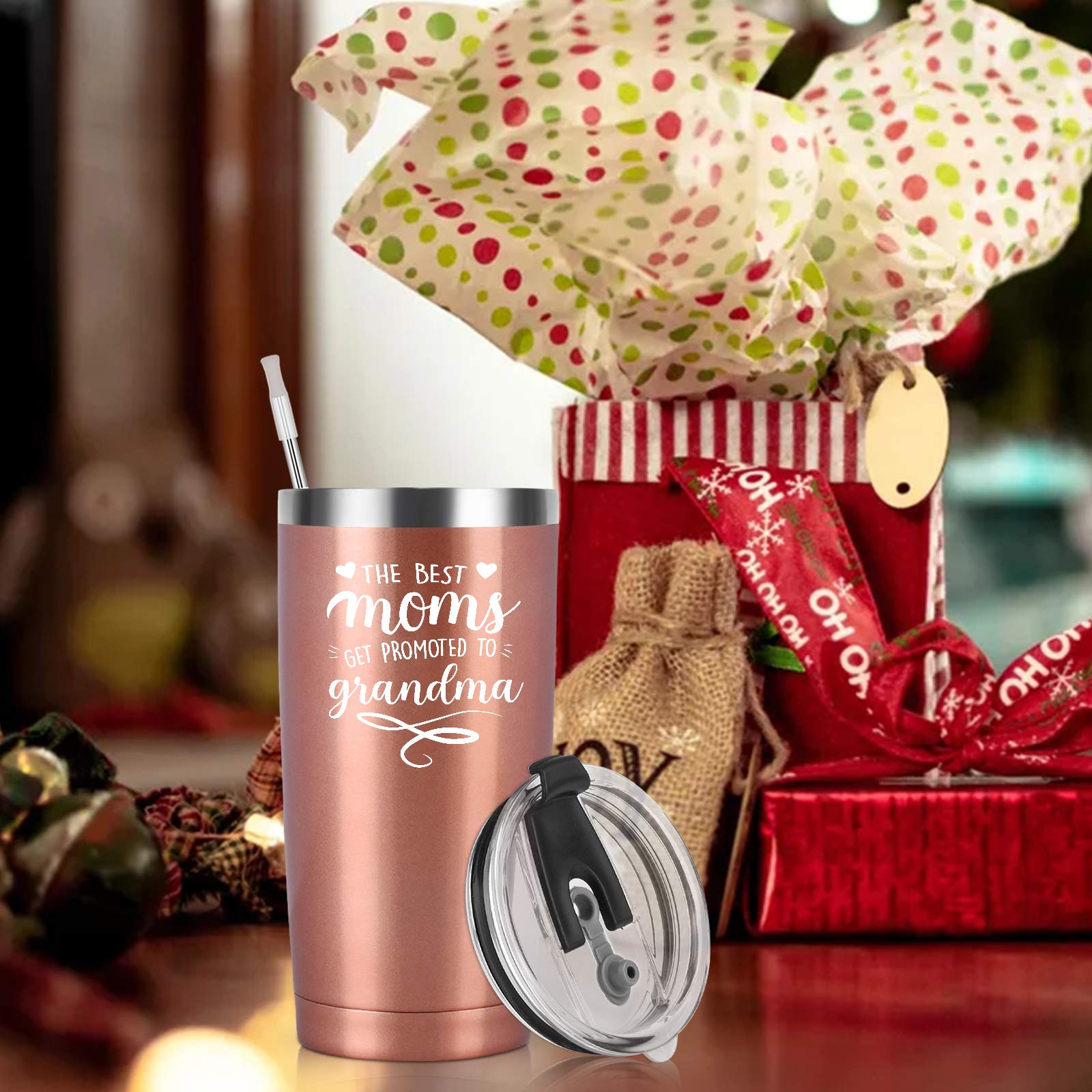 Cpskup Moms Get Promoted to Grandma Travel Tumbler, Funny Gifts for Mom Grandma New Grandma Grandma to be, Christmas Mother’s Day Gifts Stainless Steel Insulated Tumbler with 2 Lids(20oz, Rose Gold)