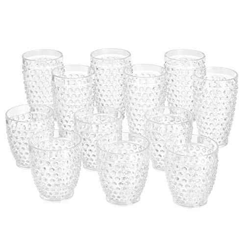 Amazon Basics 12-Piece Tritan Plastic drinkware Set - Hobnail Highball and Double Old Fashioned, 6-Pieces Each, 18oz./13oz., Clear