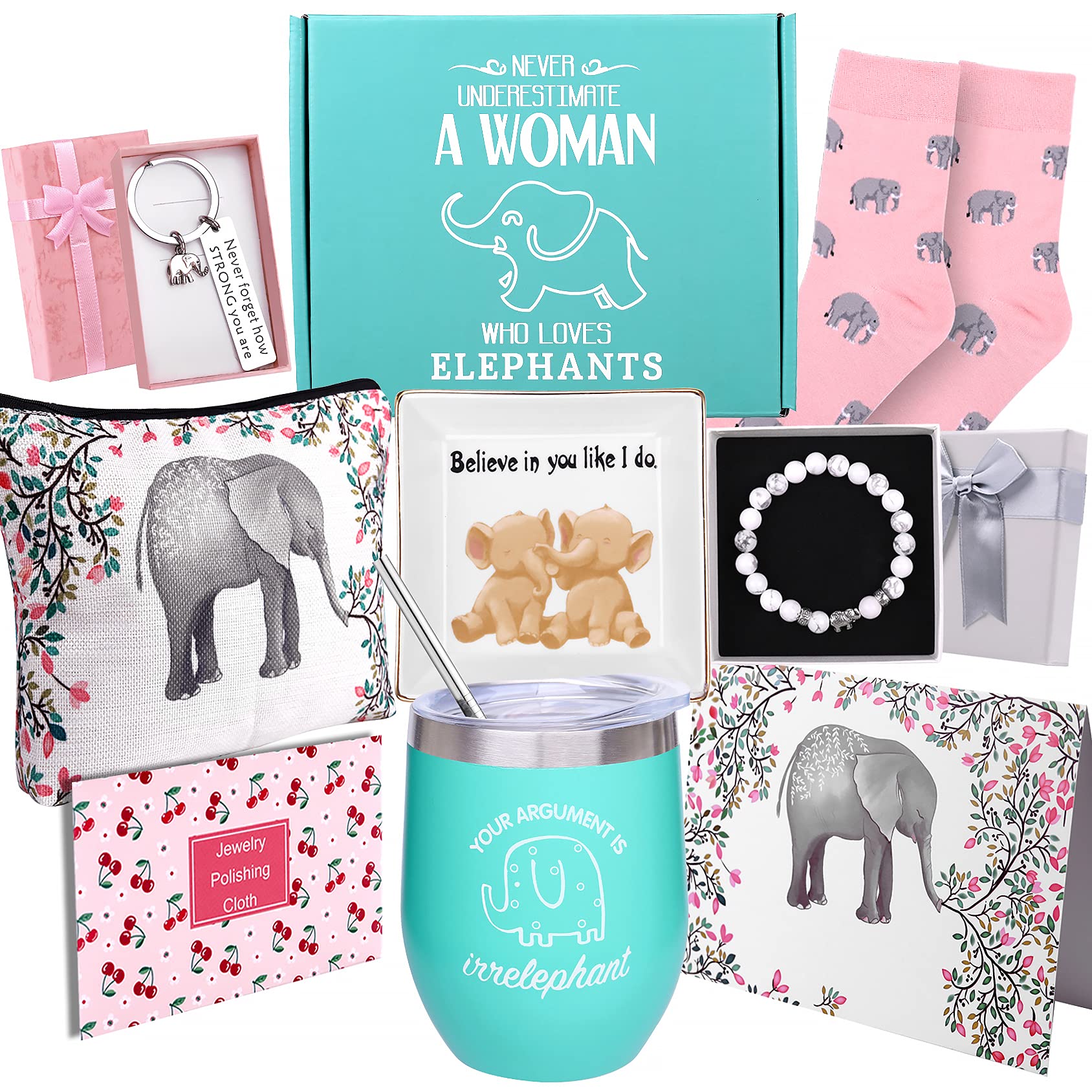 Elephant Gifts for Women, Birthday Gifts for Elephant Lovers, Elephant Gifts for Wedding Thanksgiving Christmas Mother's Day, Funny Wine Tumbler, Elephant Bracelet, Keychain, Jewelry Dish, Bag, Socks