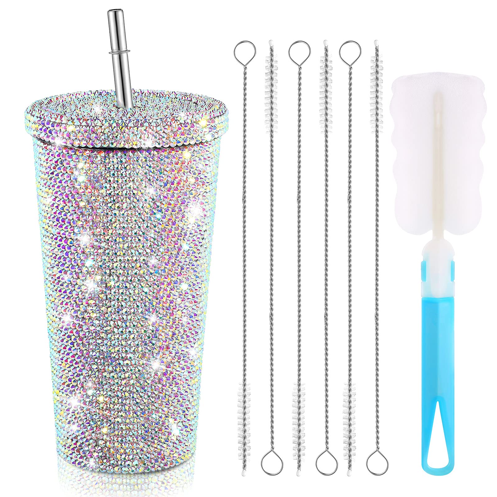 Studded Bling Diamond Tumbler Glitter Water Bottle with Lid Stainless Steel Vacuum Thermal Straw Tumbler Rhinestone Tumbler with 1 Pcs Cup Brush 6 Pcs Straw Brushes for Women(AB Color, 16.9 oz)