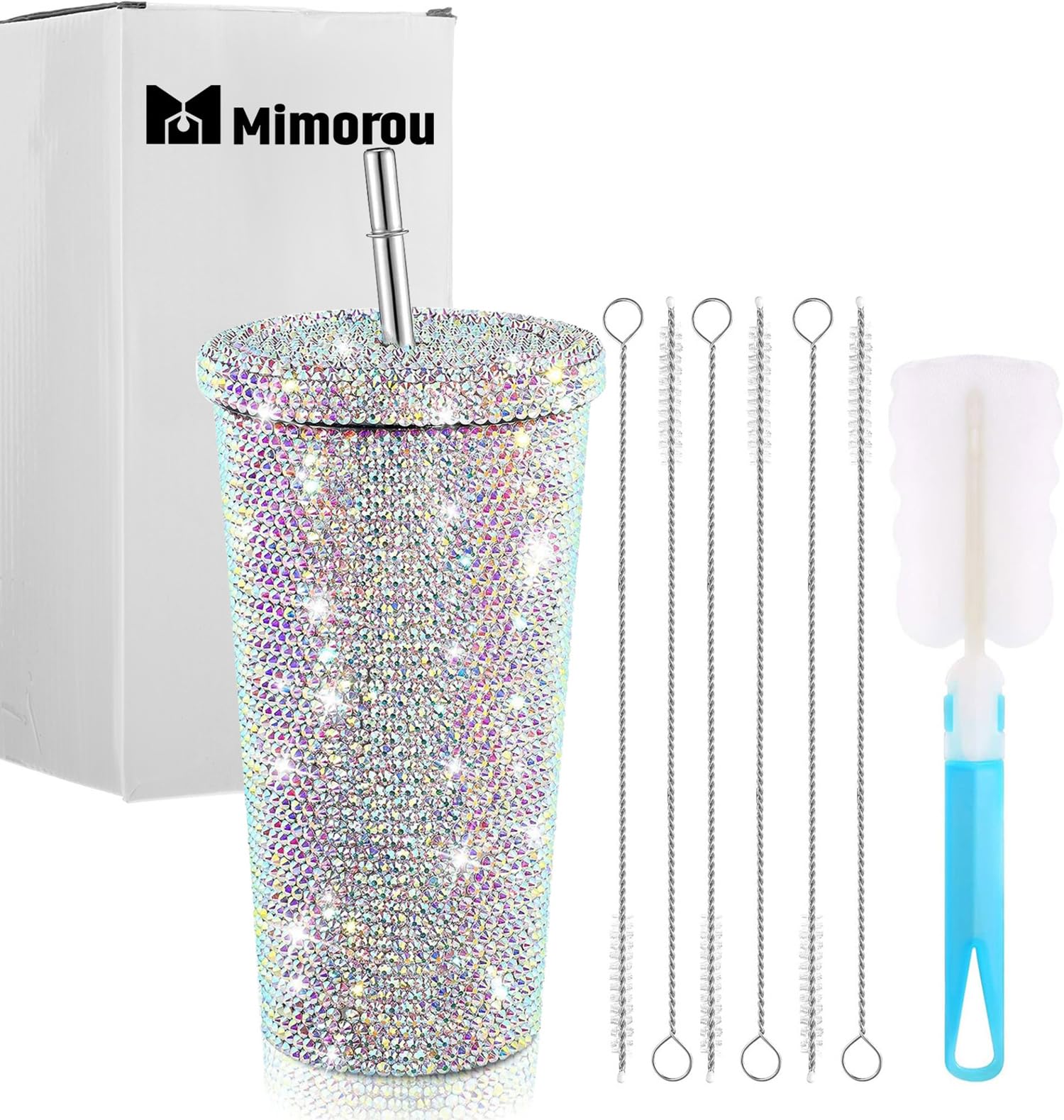 Studded Bling Diamond Tumbler Glitter Water Bottle with Lid Stainless Steel Vacuum Thermal Straw Tumbler Rhinestone Tumbler with 1 Pcs Cup Brush 6 Pcs Straw Brushes for Women(AB Color, 16.9 oz)