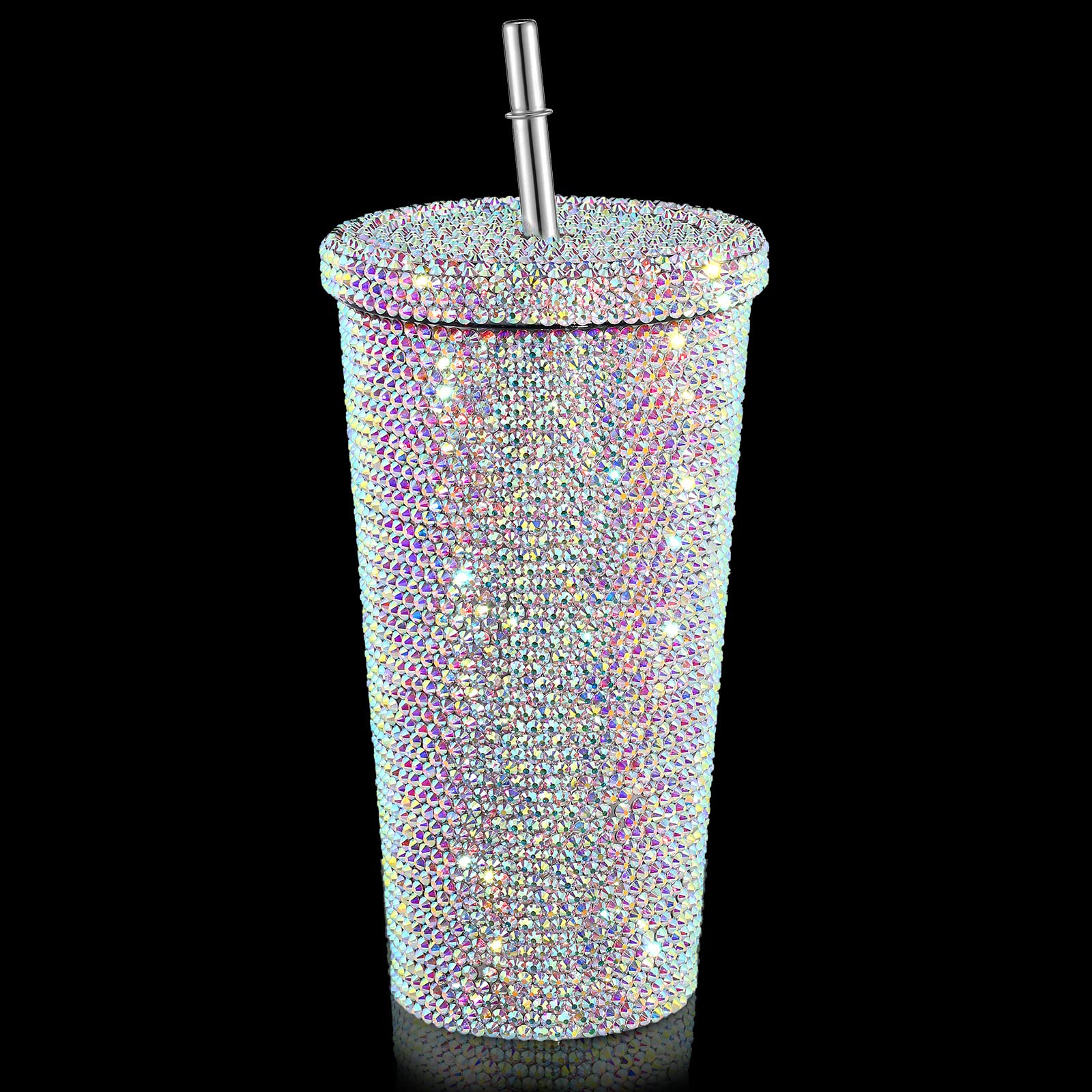 Studded Bling Diamond Tumbler Glitter Water Bottle with Lid Stainless Steel Vacuum Thermal Straw Tumbler Rhinestone Tumbler with 1 Pcs Cup Brush 6 Pcs Straw Brushes for Women(AB Color, 16.9 oz)