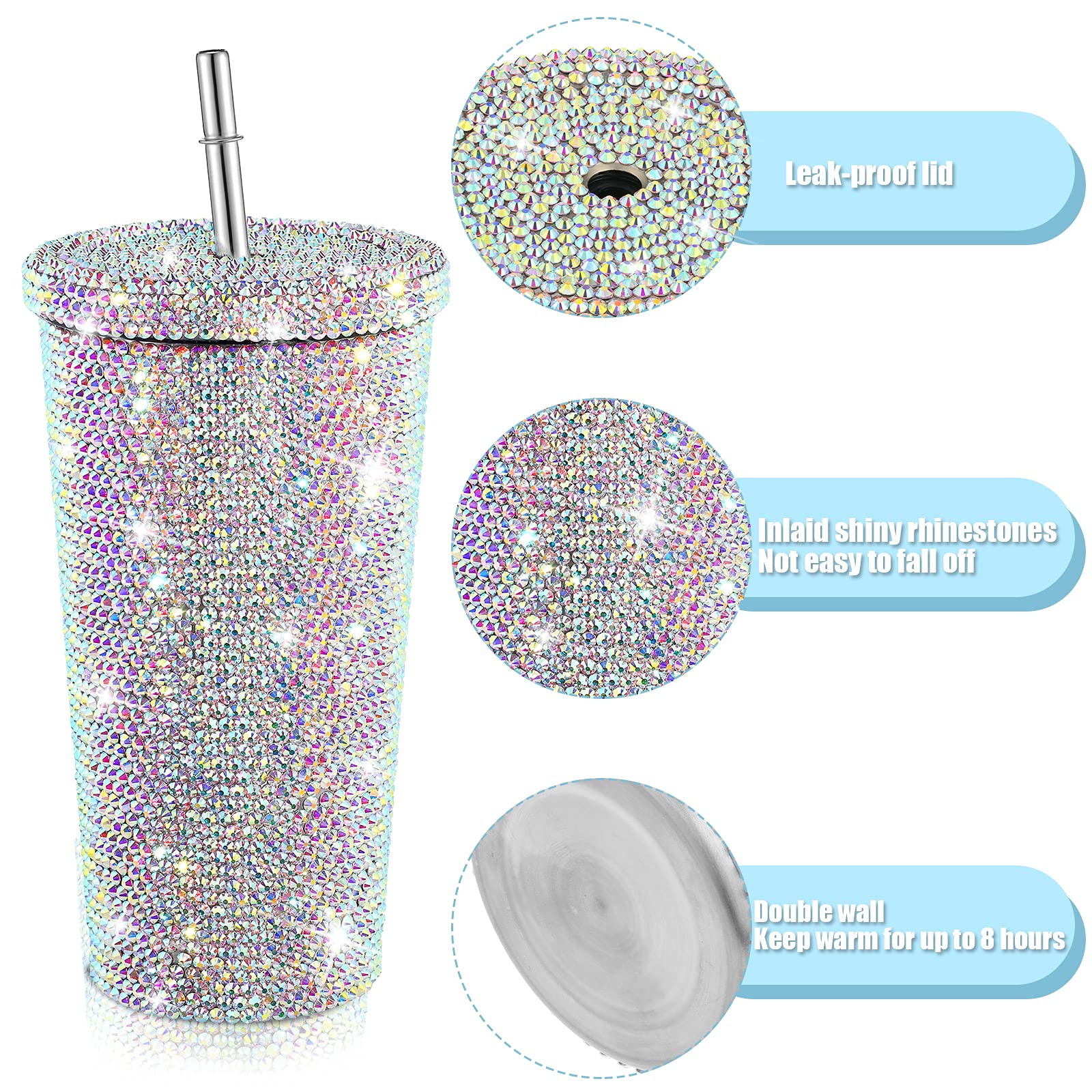 Studded Bling Diamond Tumbler Glitter Water Bottle with Lid Stainless Steel Vacuum Thermal Straw Tumbler Rhinestone Tumbler with 1 Pcs Cup Brush 6 Pcs Straw Brushes for Women(AB Color, 16.9 oz)