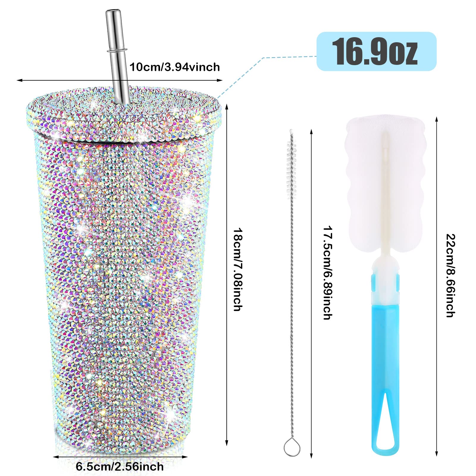 Studded Bling Diamond Tumbler Glitter Water Bottle with Lid Stainless Steel Vacuum Thermal Straw Tumbler Rhinestone Tumbler with 1 Pcs Cup Brush 6 Pcs Straw Brushes for Women(AB Color, 16.9 oz)