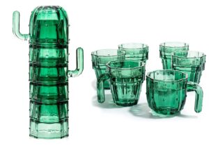 cactus stackable glasses, stacktus gifts, set of 6-10 oz cactus shape glasses with handles green glass blown figurines plant decorations for parties 5" h 5" w - copyright design, patent pending