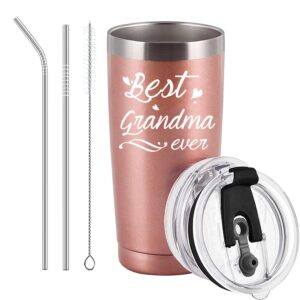 Aletege Best Grandma Ever Tumbler Best Grandma Travel Tumbler with Straw Birthday Mothers Day Gifts for Grandma from Grandkids Grandson Granddaughter Grandma Travel Tumbler with 2 Lids 20OZ Rose Gold