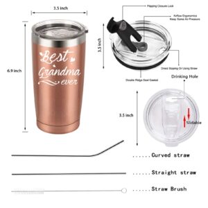 Aletege Best Grandma Ever Tumbler Best Grandma Travel Tumbler with Straw Birthday Mothers Day Gifts for Grandma from Grandkids Grandson Granddaughter Grandma Travel Tumbler with 2 Lids 20OZ Rose Gold