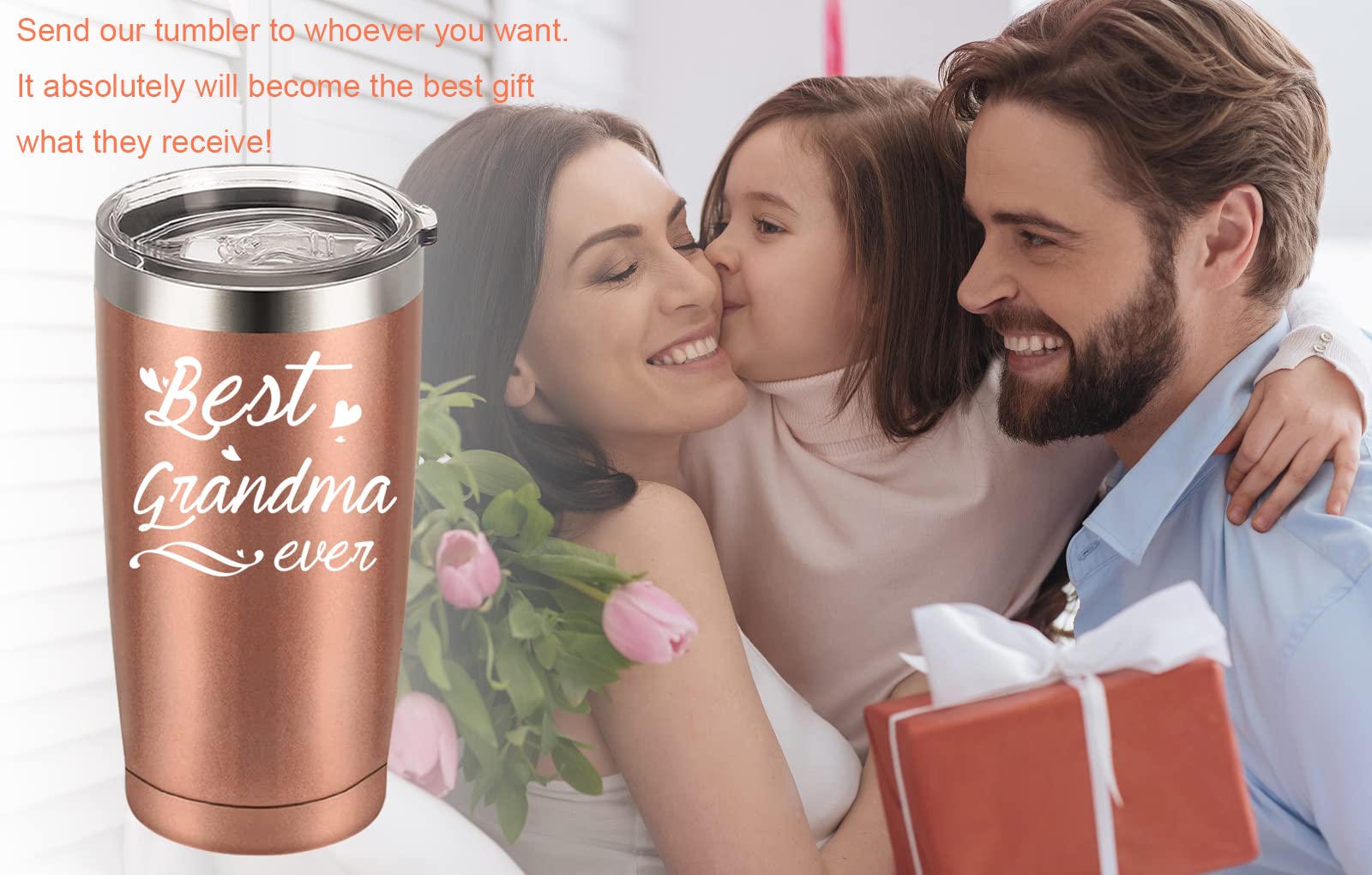 Aletege Best Grandma Ever Tumbler Best Grandma Travel Tumbler with Straw Birthday Mothers Day Gifts for Grandma from Grandkids Grandson Granddaughter Grandma Travel Tumbler with 2 Lids 20OZ Rose Gold