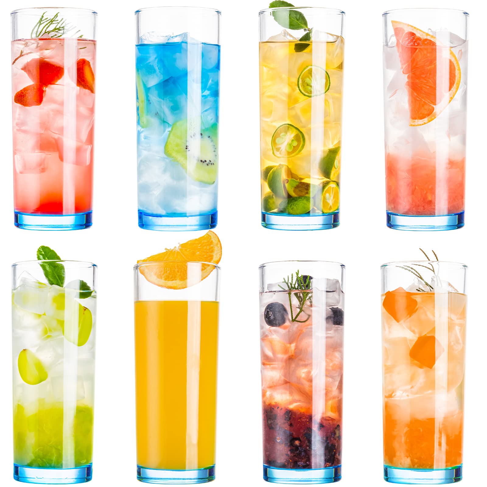 Claplante 8 Pcs Crystal Highball Glasses, 13 oz Drinking Glasses with Heavy Base, Tall Glass Sets, Water Glasses, Mojito Glass Cups, Bar Glassware, Cocktail Glass Set, Beer Glass (Blue Base)