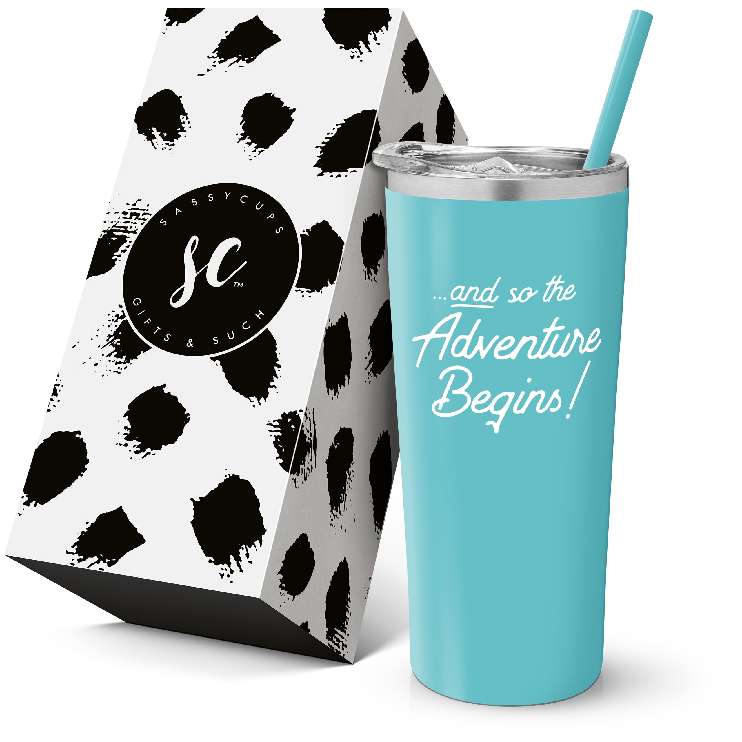 and So The Adventure Begins - Personalized Insulated Coffee Tumbler with Lid – Stainless Steel Insulated Travel Mug with Straw – Graduation, Promotion, Going Away, Job Change - Adventure Awaits