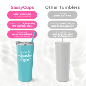 and So The Adventure Begins - Personalized Insulated Coffee Tumbler with Lid – Stainless Steel Insulated Travel Mug with Straw – Graduation, Promotion, Going Away, Job Change - Adventure Awaits