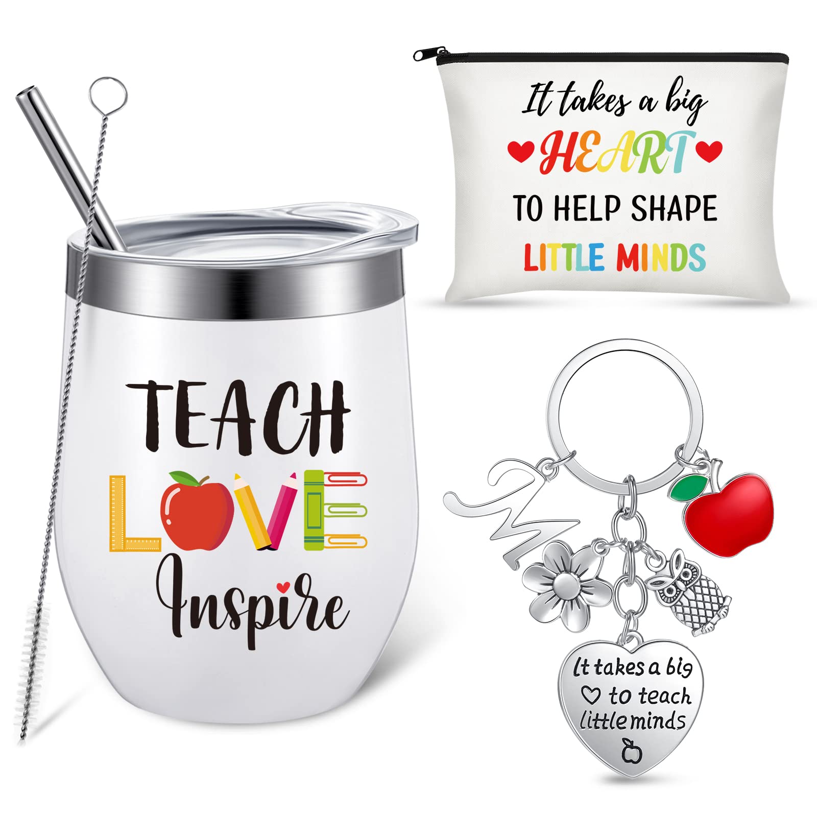 3 Pieces Teacher Appreciation Gift 12 oz Teach Love Inspire Wine Tumbler It Takes a Big Heart To Help Shape Little Minds Cosmetic Bag and Teacher Keychain for Christmas Birthday (Letter M Style)