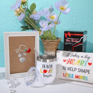 3 Pieces Teacher Appreciation Gift 12 oz Teach Love Inspire Wine Tumbler It Takes a Big Heart To Help Shape Little Minds Cosmetic Bag and Teacher Keychain for Christmas Birthday (Letter M Style)