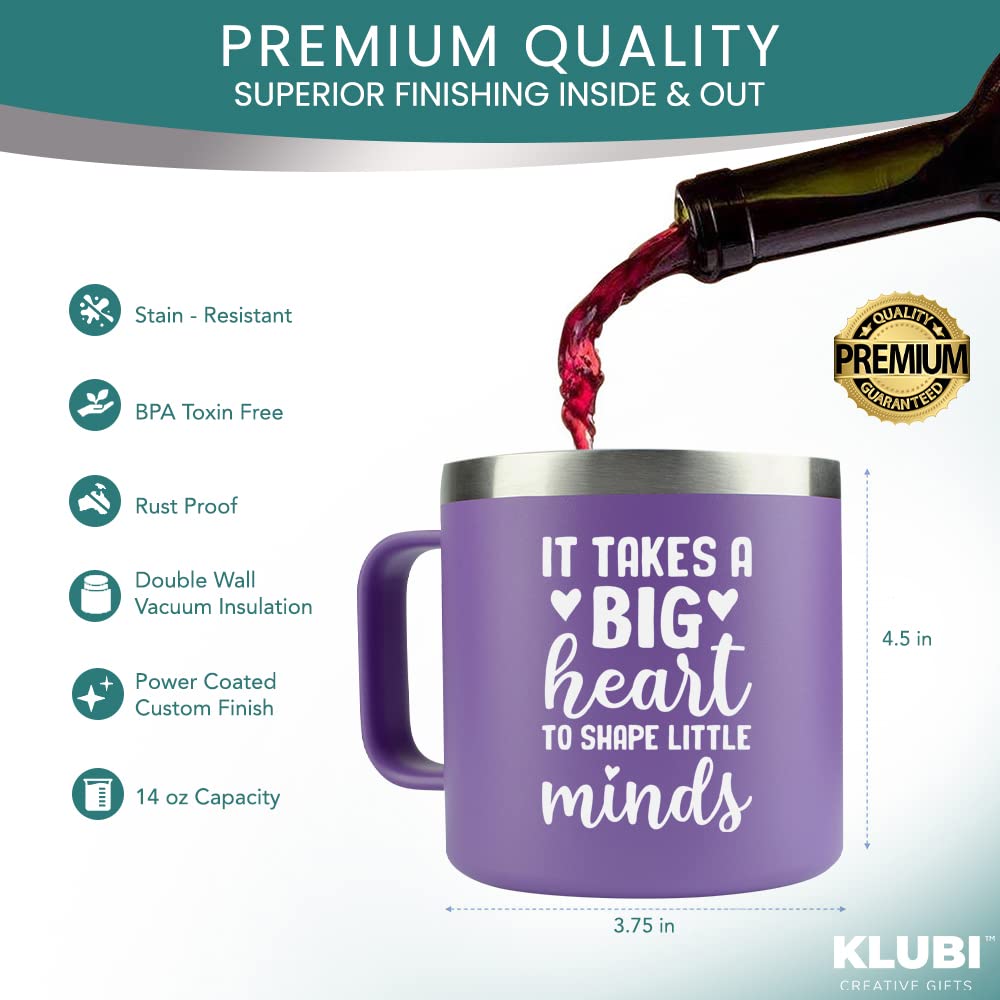 KLUBI Teacher Appreciation Gifts for Women – “It Takes a Big Heart to Shape Little Minds” 14oz Tumbler/Mug Purple Coffee- Cute Idea for Week, Women, Virtual Teaching, Best, Thank You, Birthday